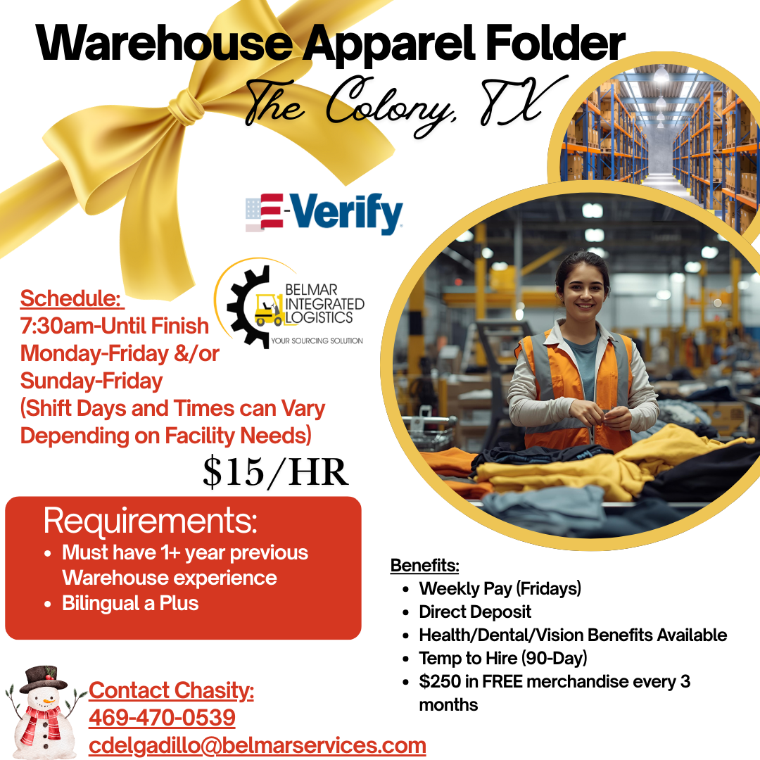 Belmar Integrated Logistics- $15/HR - Warehouse Apparel Folder - (The ...